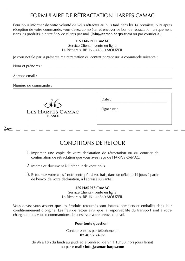 Formulaire de rétraction - Camac Harps Shop : Camac Harps Shop